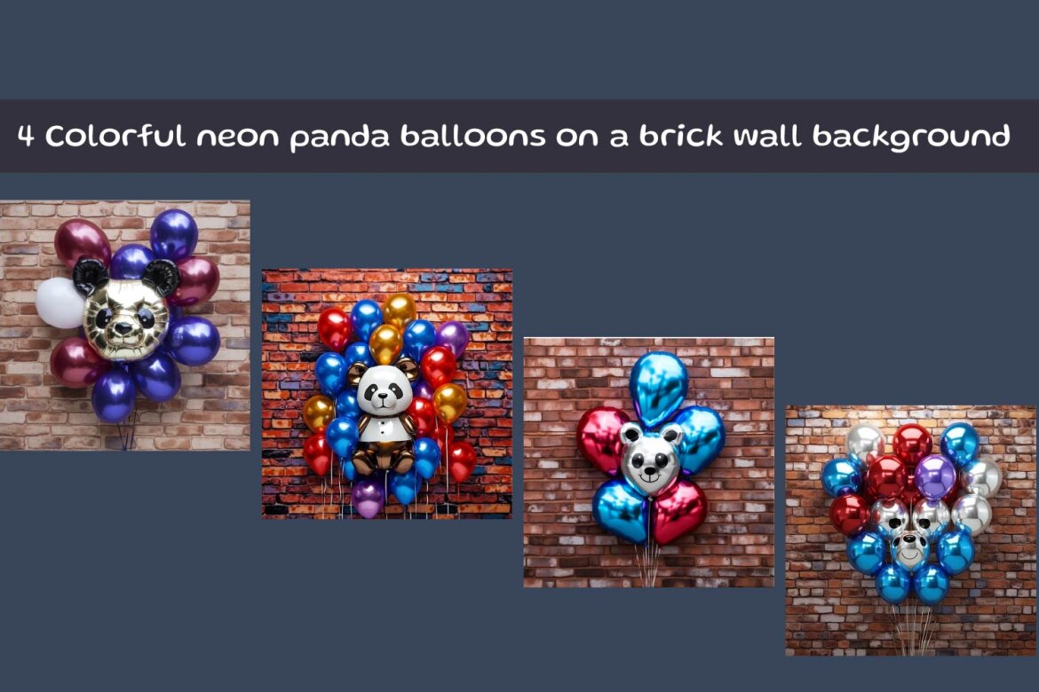 Colorful neon panda balloons on a brick wall background | Deeezy