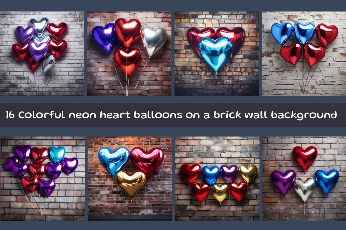 Colorful neon heart balloons on a brick wall background | Deeezy
