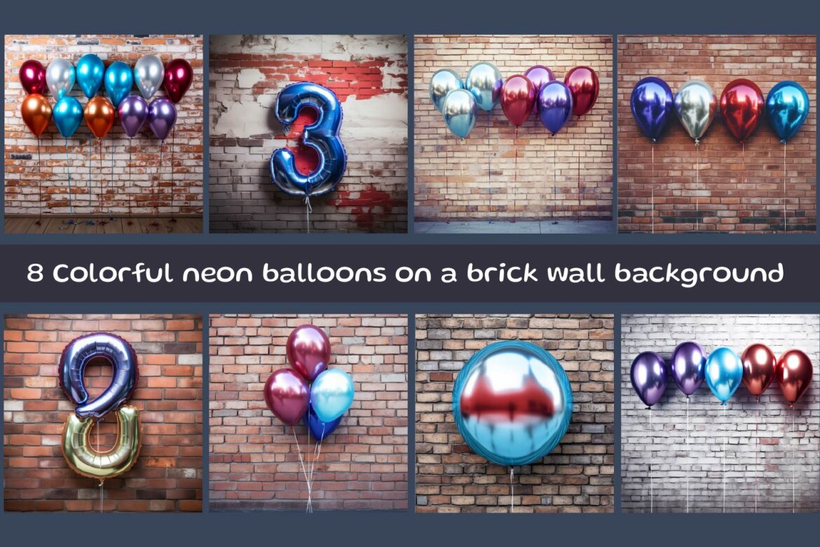 Colorful neon balloons on a brick wall background | Deeezy