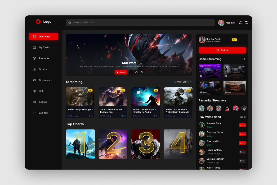 Game Streaming Dashboard UI Kit | Deeezy