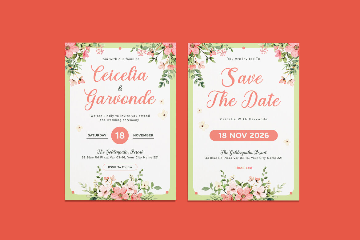 Pink Corel Wedding Invitation Template | Deeezy