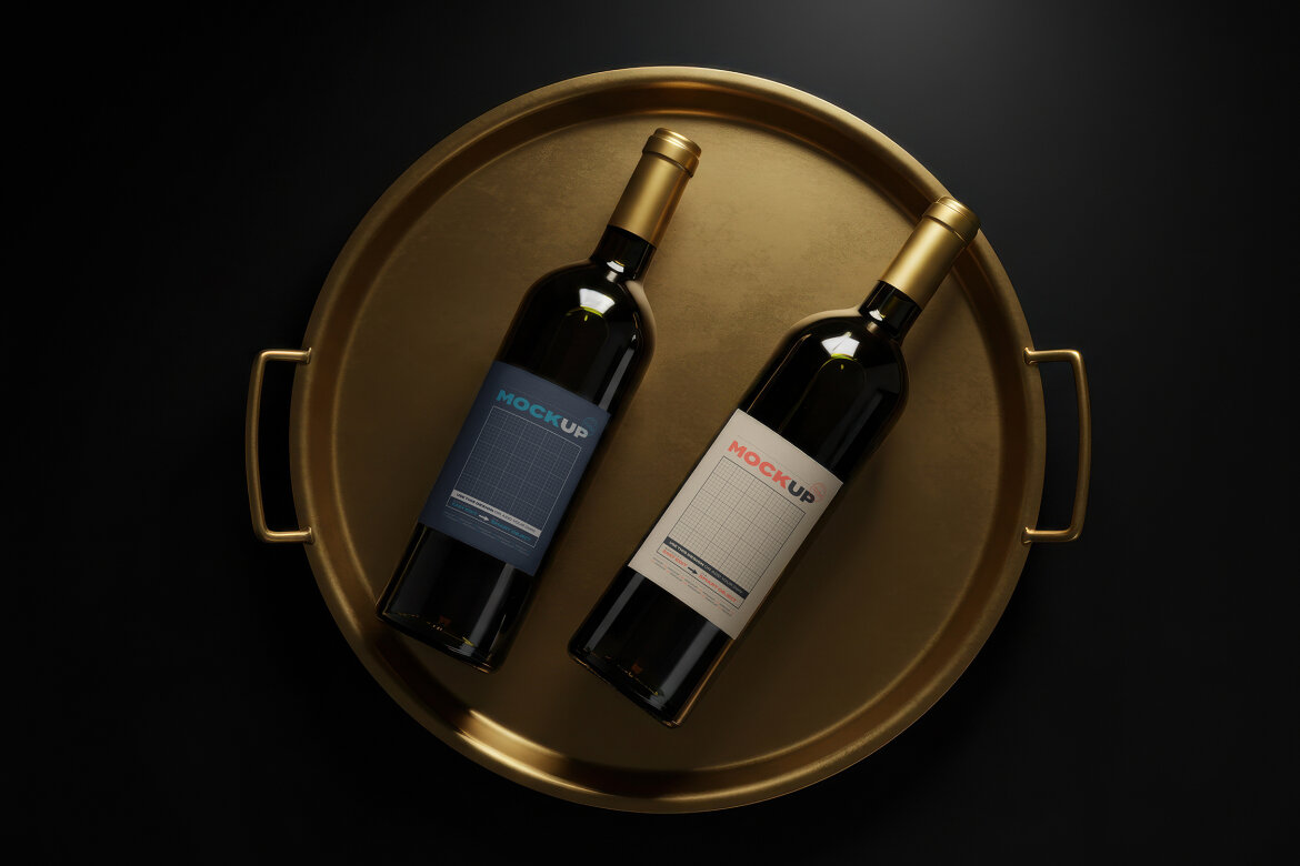 Wine Bottles on Golden Plate Labels Mockups | Deeezy