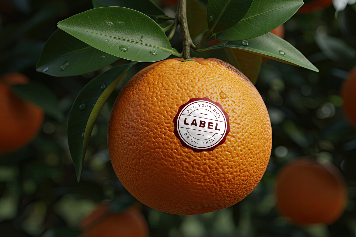 Sticker Logo Stamp on Orange Fruit Mockup | Deeezy