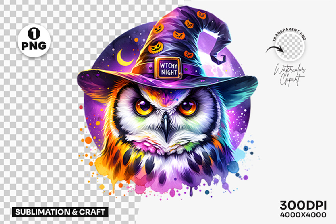 Happy Halloween Owl Witch Clipart PNG Sublimation Design | Deeezy