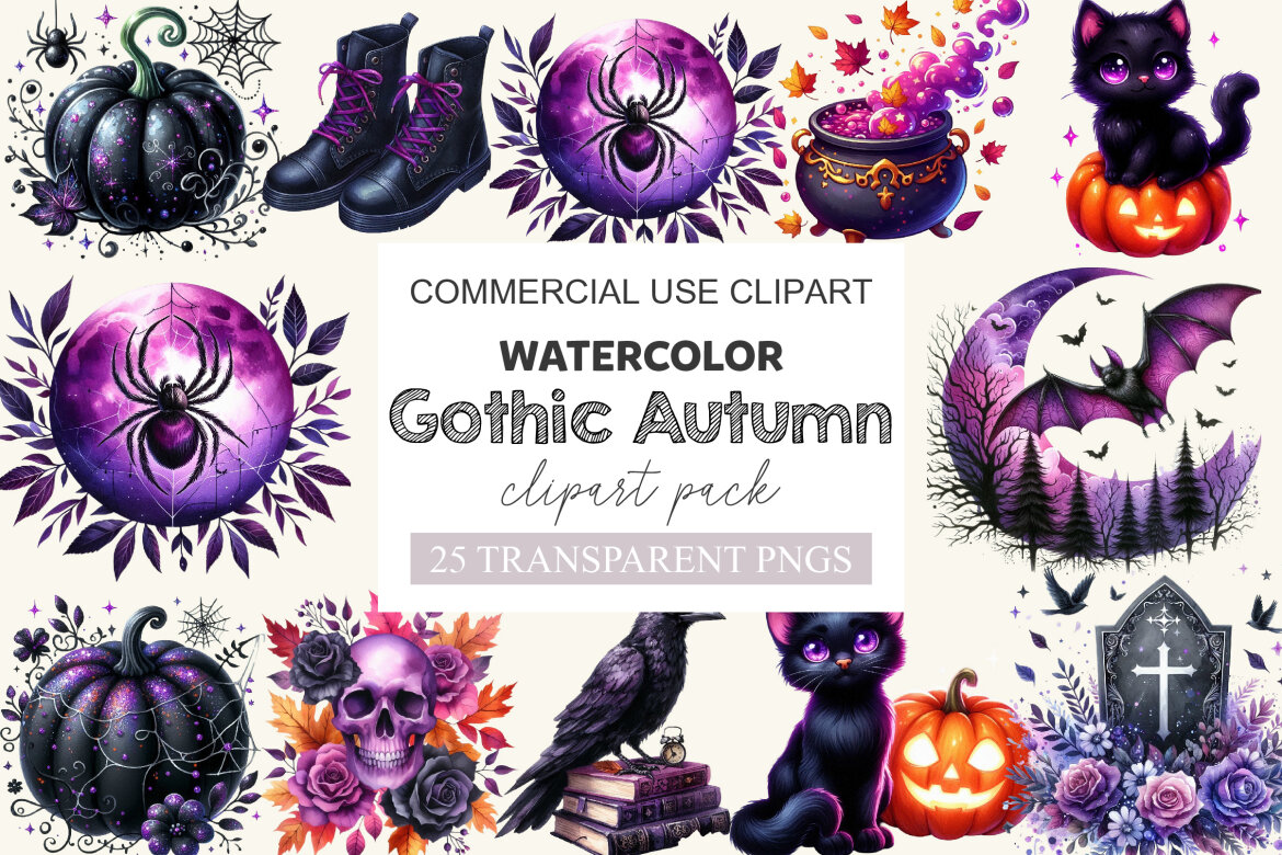 Black & Purple Gothic Autumn Clipart | Deeezy