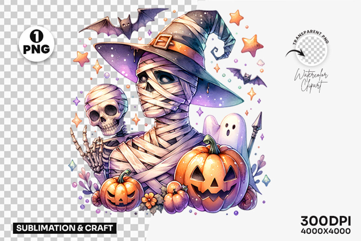 Halloween Pastel Mummy Witch Pumpkin Ghost Clipart Sublimation Design ...