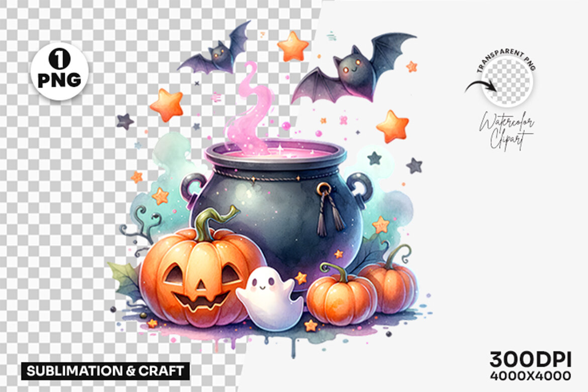Halloween Pastel Cauldron Potion Pumpkin Clipart Sublimation Design ...