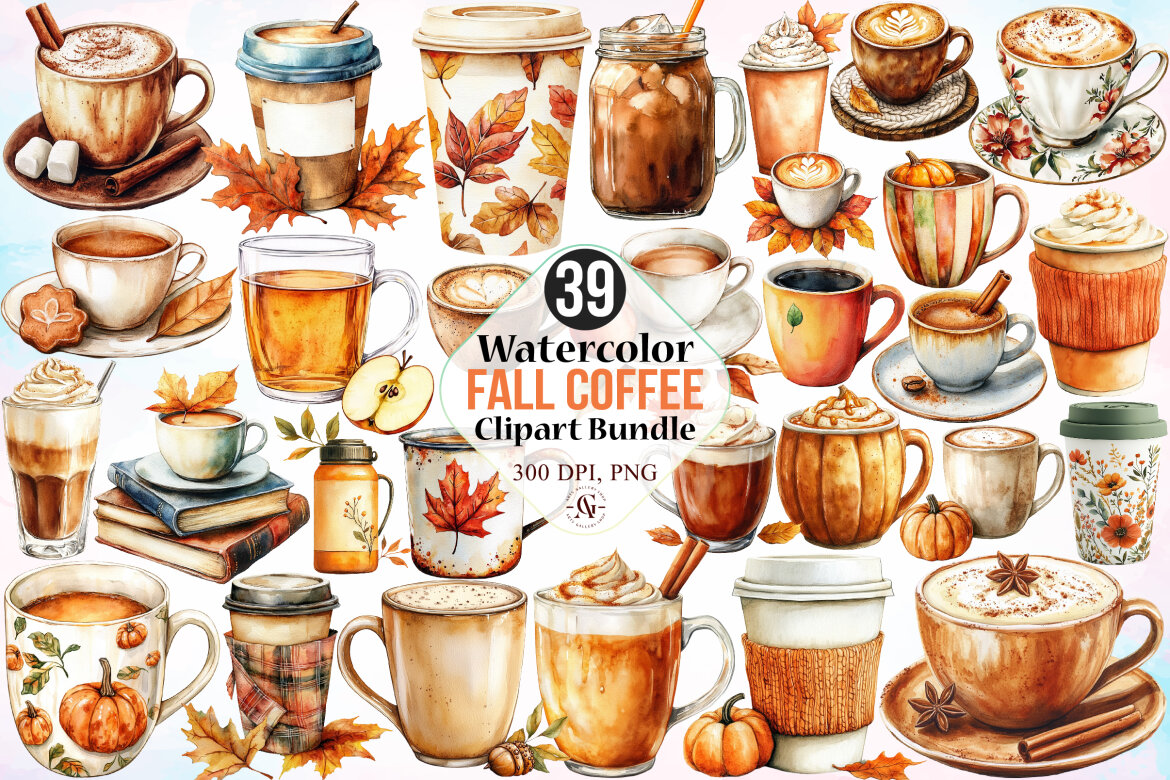 Watercolor Fall Coffee Clipart Bundle | Deeezy