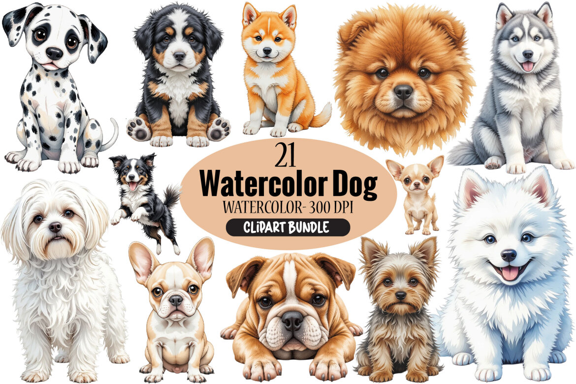 Watercolor Dog Clipart Bundle | Deeezy