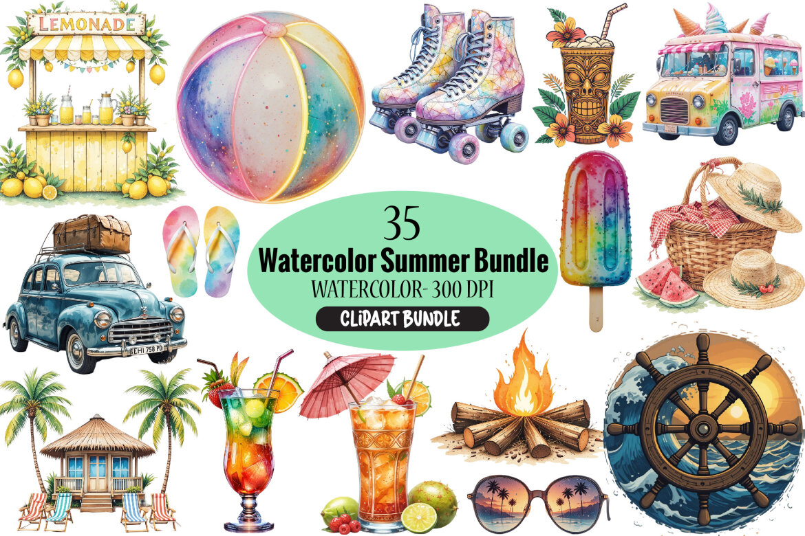 Watercolor Summer Clipart Bundle | Deeezy