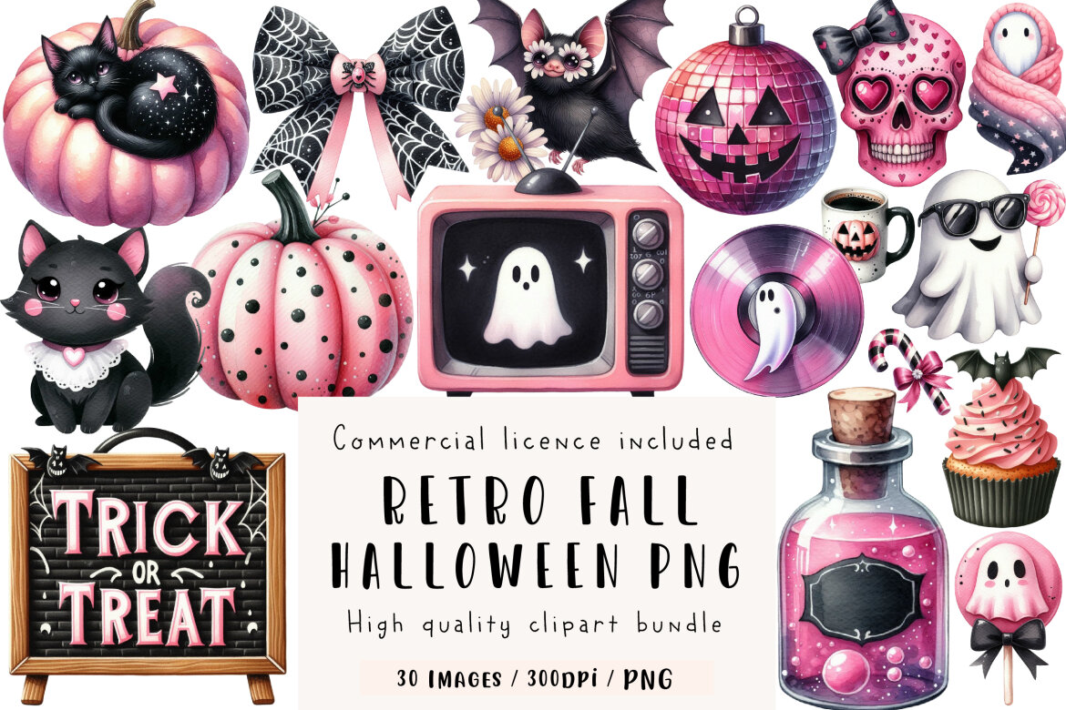 Retro Fall Halloween PNG Clipart Bundle | Deeezy