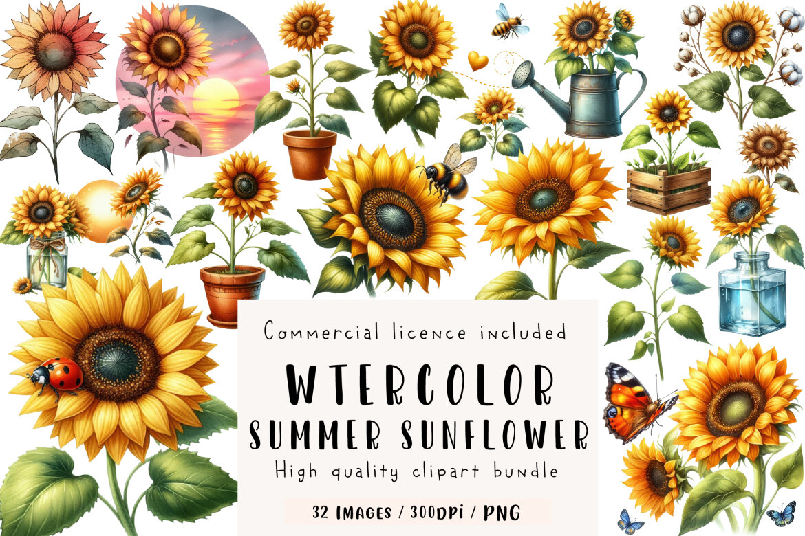 Watercolor Summer Sunflower Clipart | Deeezy