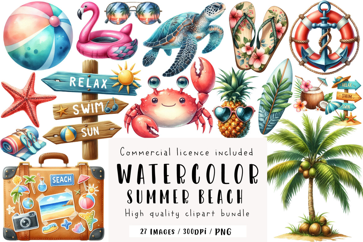 Summer Beach Watercolour Clipart Bundle | Deeezy