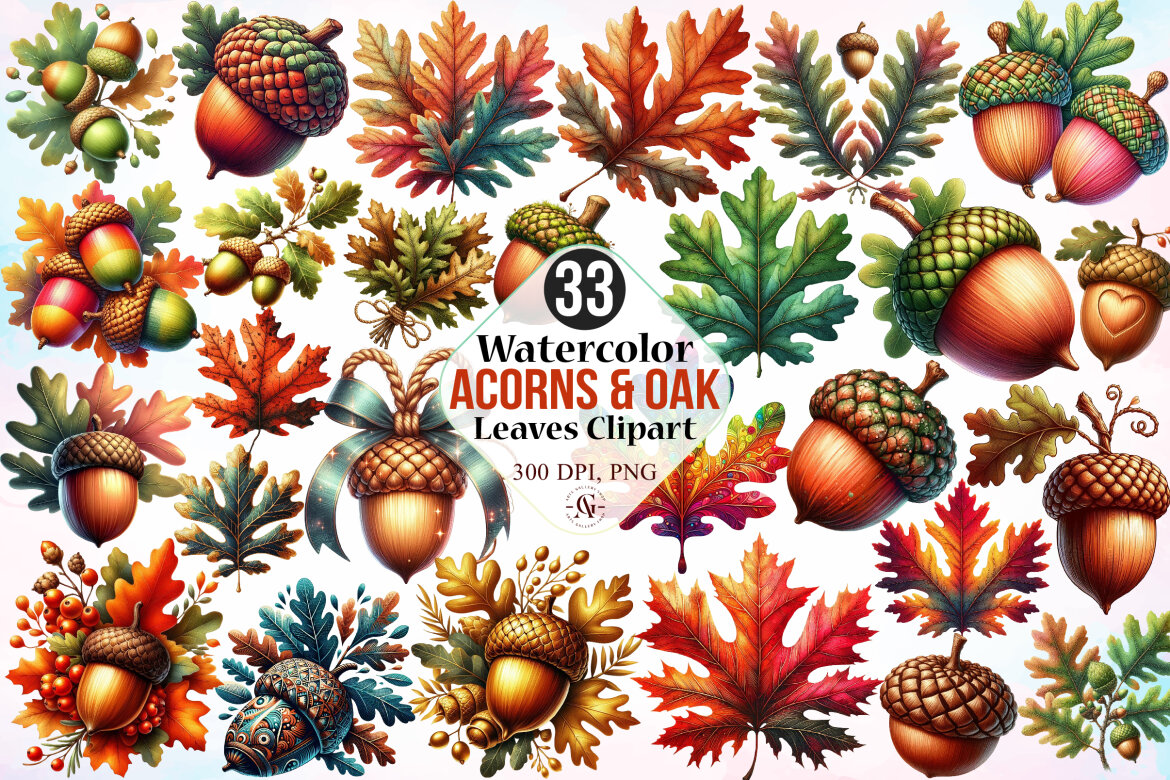 Watercolor Acorns & Oak Leaves Clipart | Deeezy