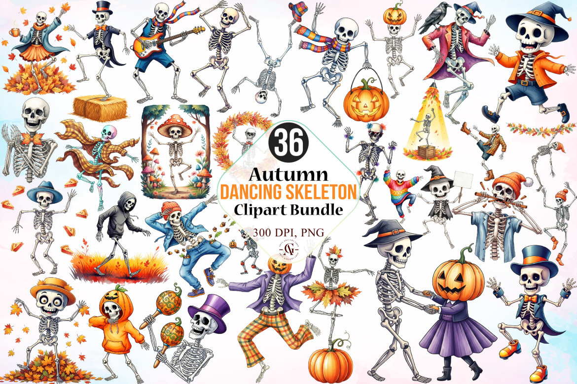 Autumn Dancing Skeleton Clipart Bundle | Deeezy