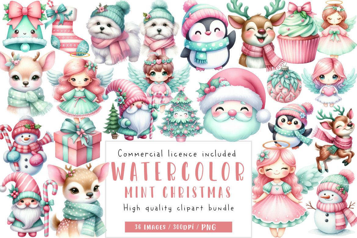 Kawaii Pink Mint Christmas Clipart | Deeezy