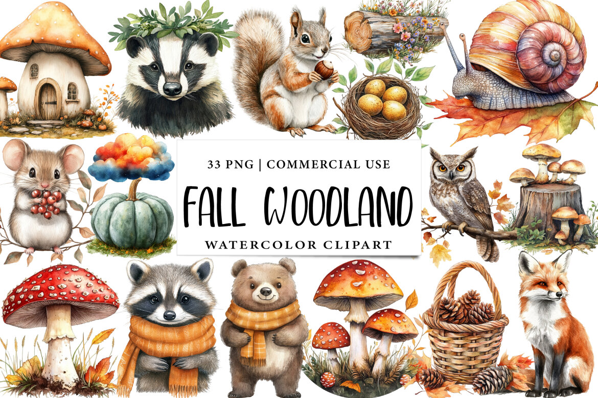 Fall Woodland Watercolor Clipart | Deeezy