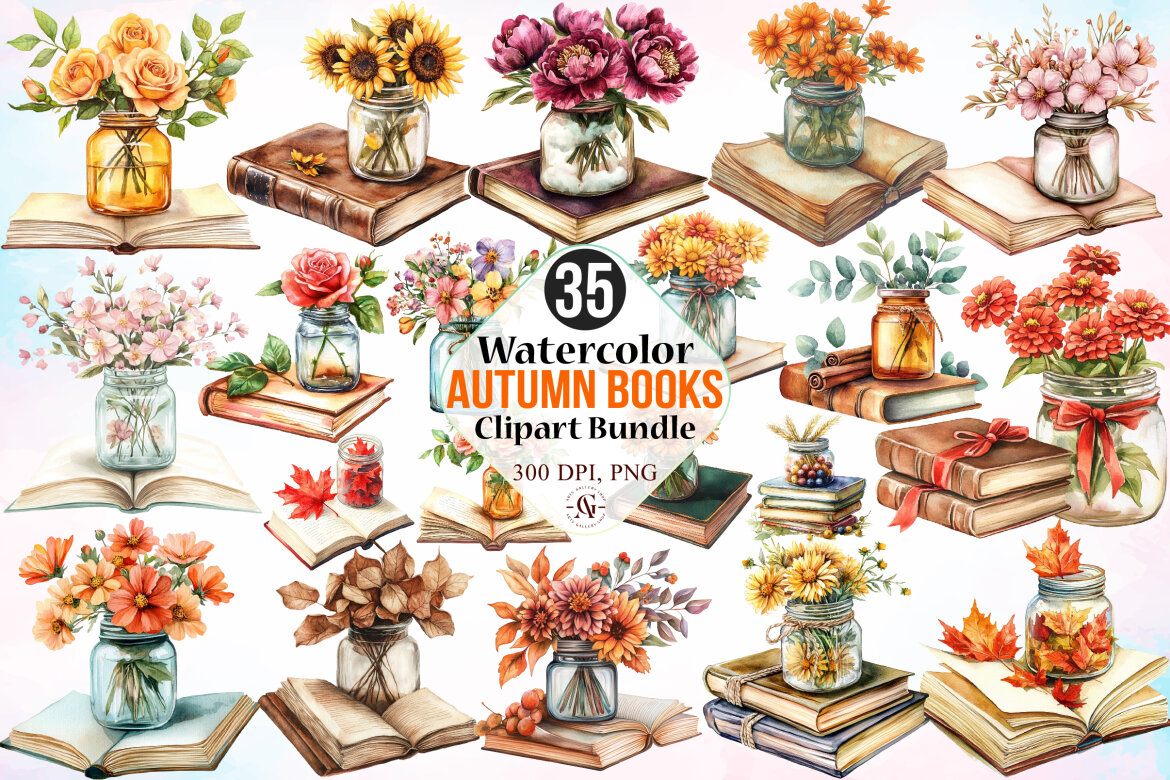 Watercolor Autumn Books Clipart Bundle | Deeezy