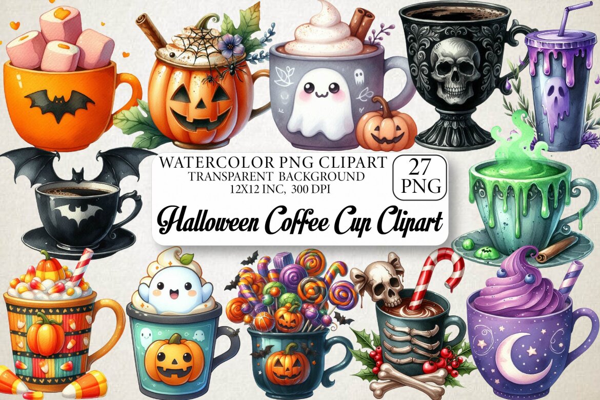 Halloween Coffee Cup Clipart Bundle | Deeezy