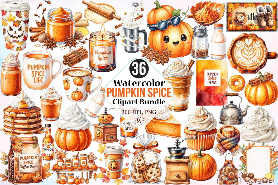 Watercolor Pumpkin Spice Clipart Bundle | Deeezy