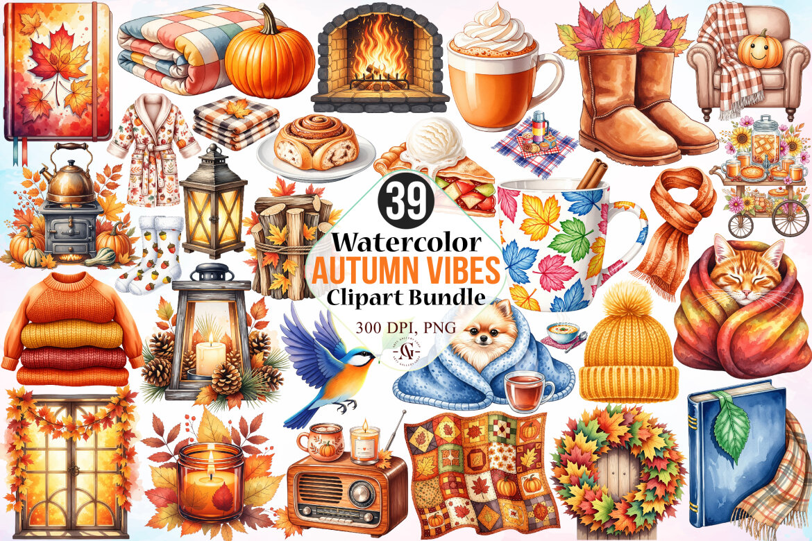 Watercolor Autumn Vibes Clipart Bundle | Deeezy
