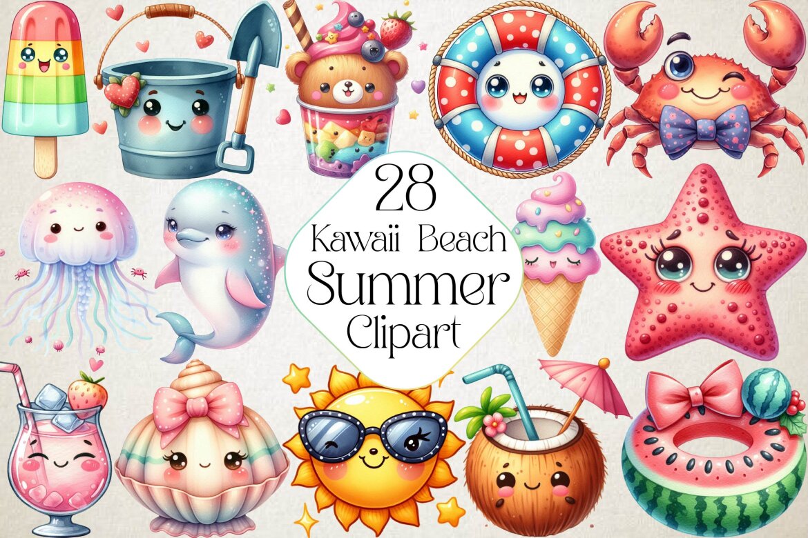Kawaii Summer Beach Clipart Bundle | Deeezy