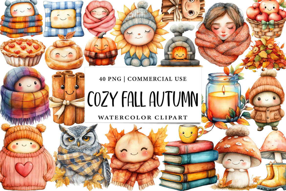 Kawaii Cozy Fall Autumn Clipart | Deeezy