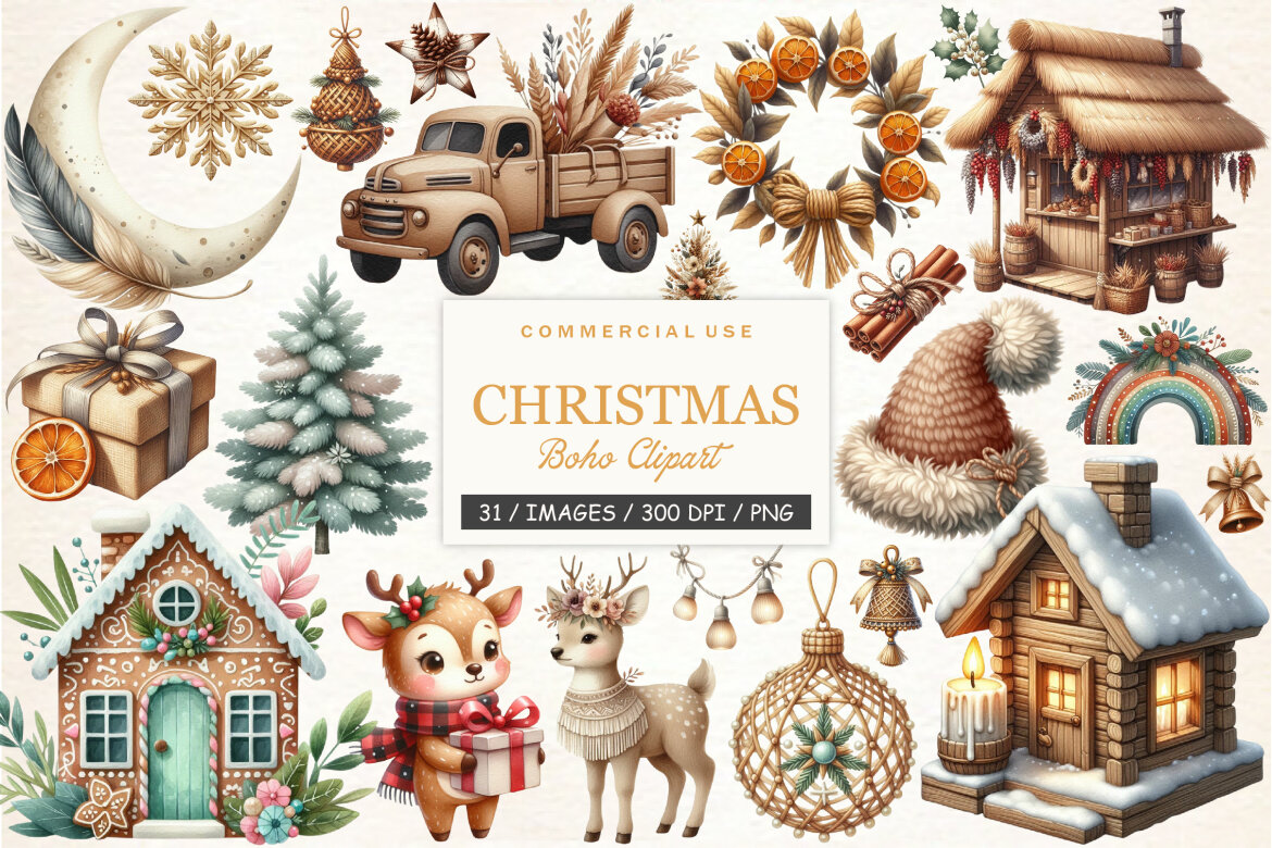 Boho Christmas Clipart Bundle | Deeezy