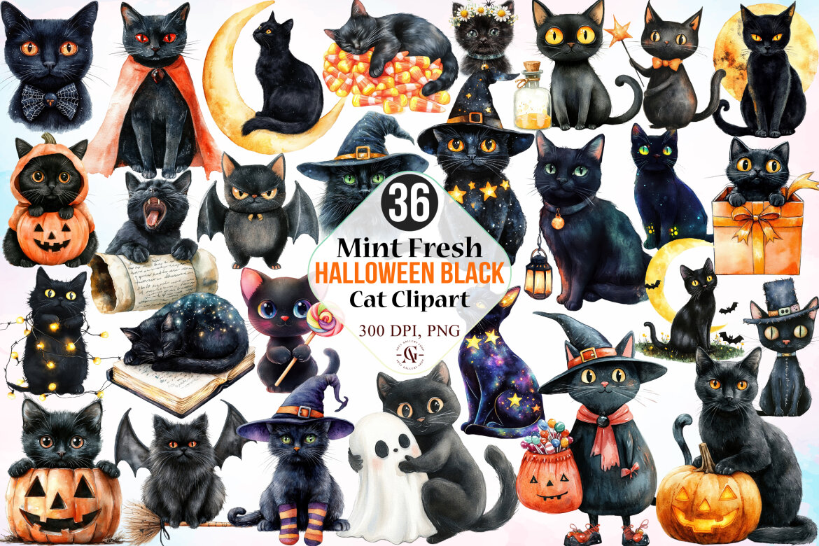 Watercolor Halloween Black Cat Clipart | Deeezy