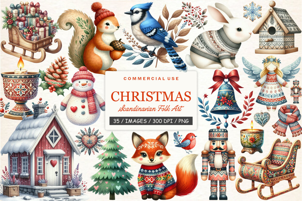 Christmas Scandinavian Folk Art Clipart | Deeezy
