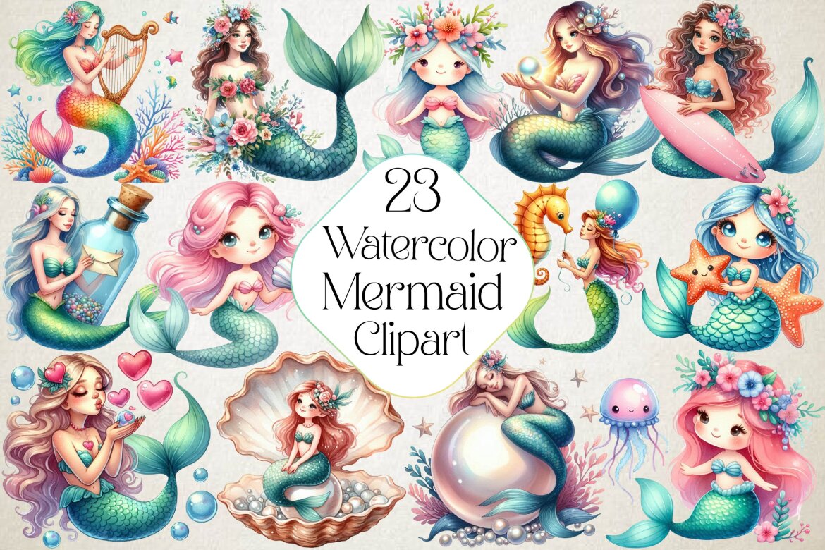 Cute Mermaid Watercolor Clipart | Deeezy