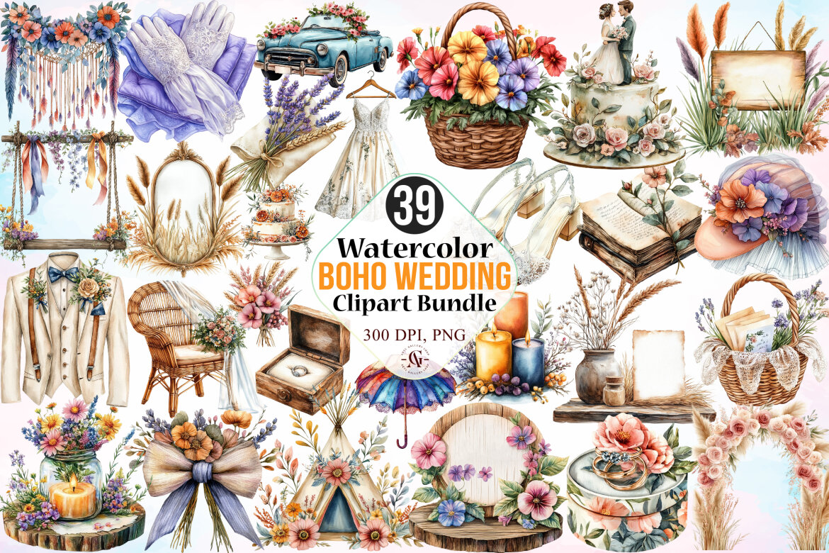 Watercolor Boho Wedding Clipart Bundle | Deeezy