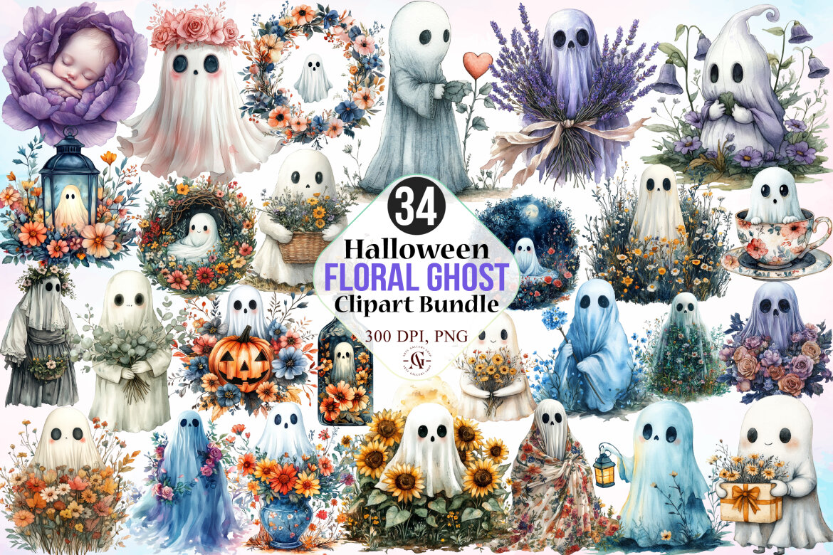 Halloween Floral Ghost Clipart Bundle | Deeezy