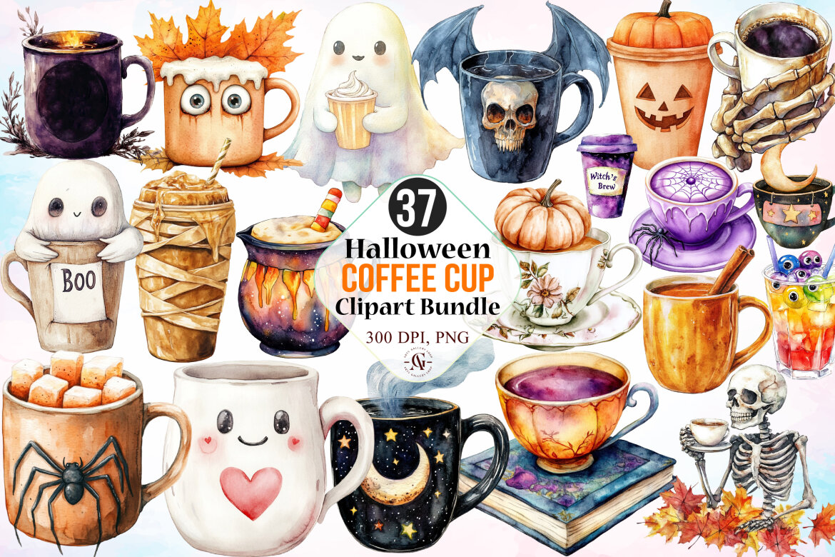 Halloween Coffee Cup Clipart Bundle | Deeezy
