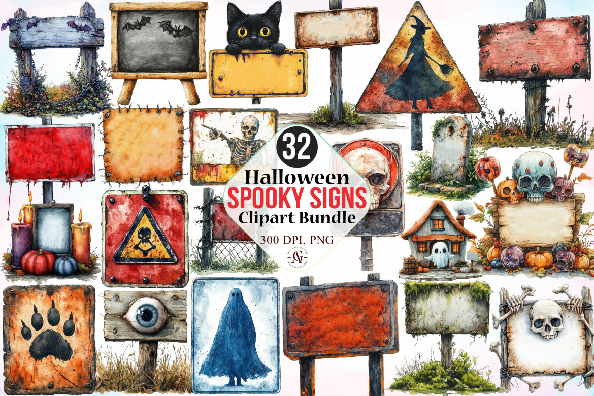 Halloween Spooky Signs Clipart Bundle | Deeezy