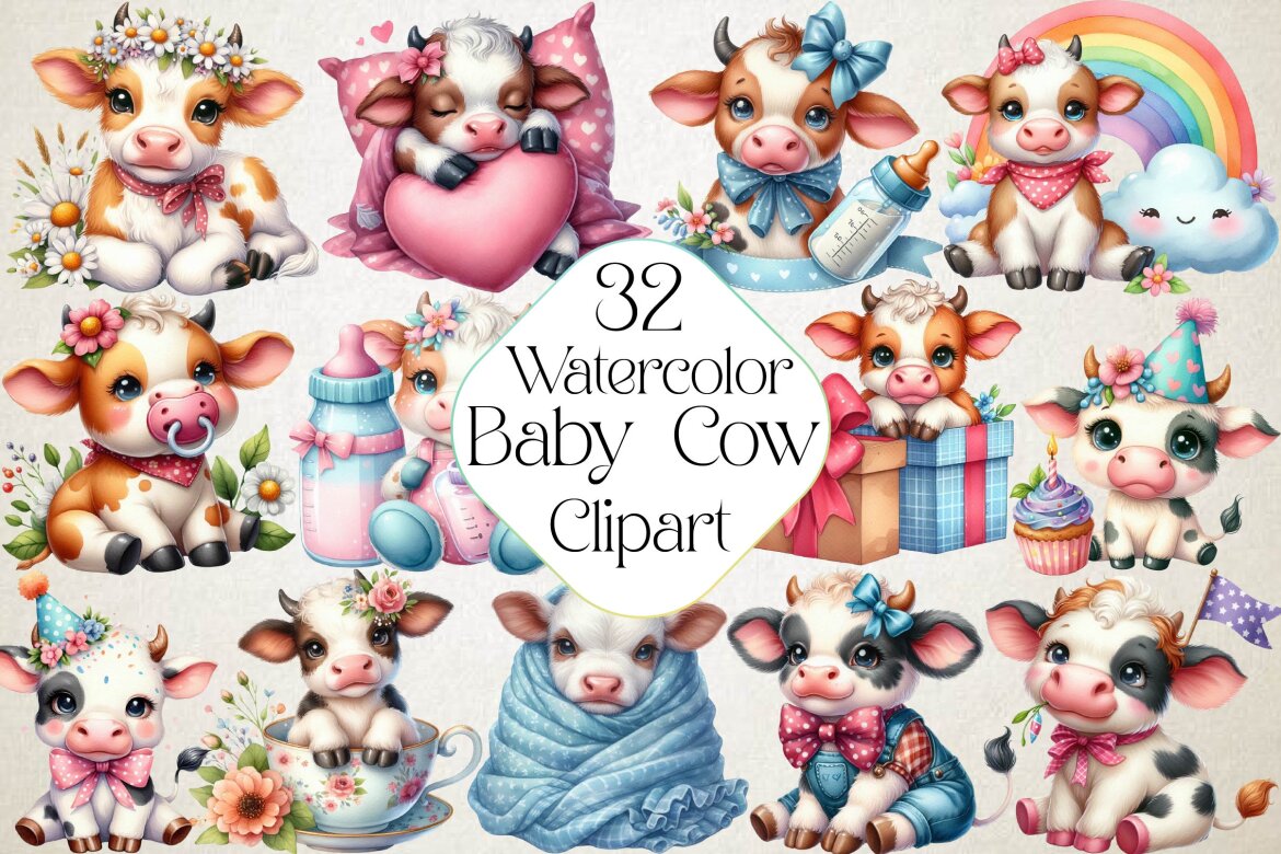 Cute Baby Cow Watercolor Clipart | Deeezy