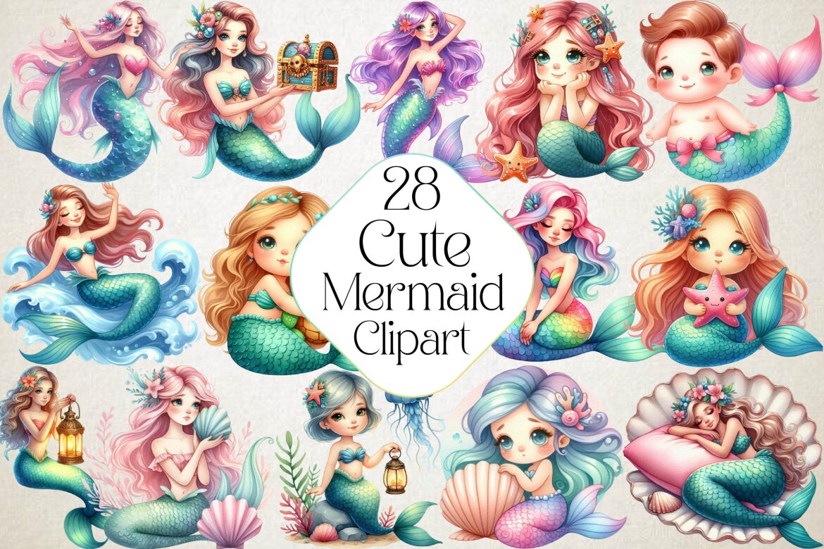Cute Mermaid Watercolor Clipart | Deeezy