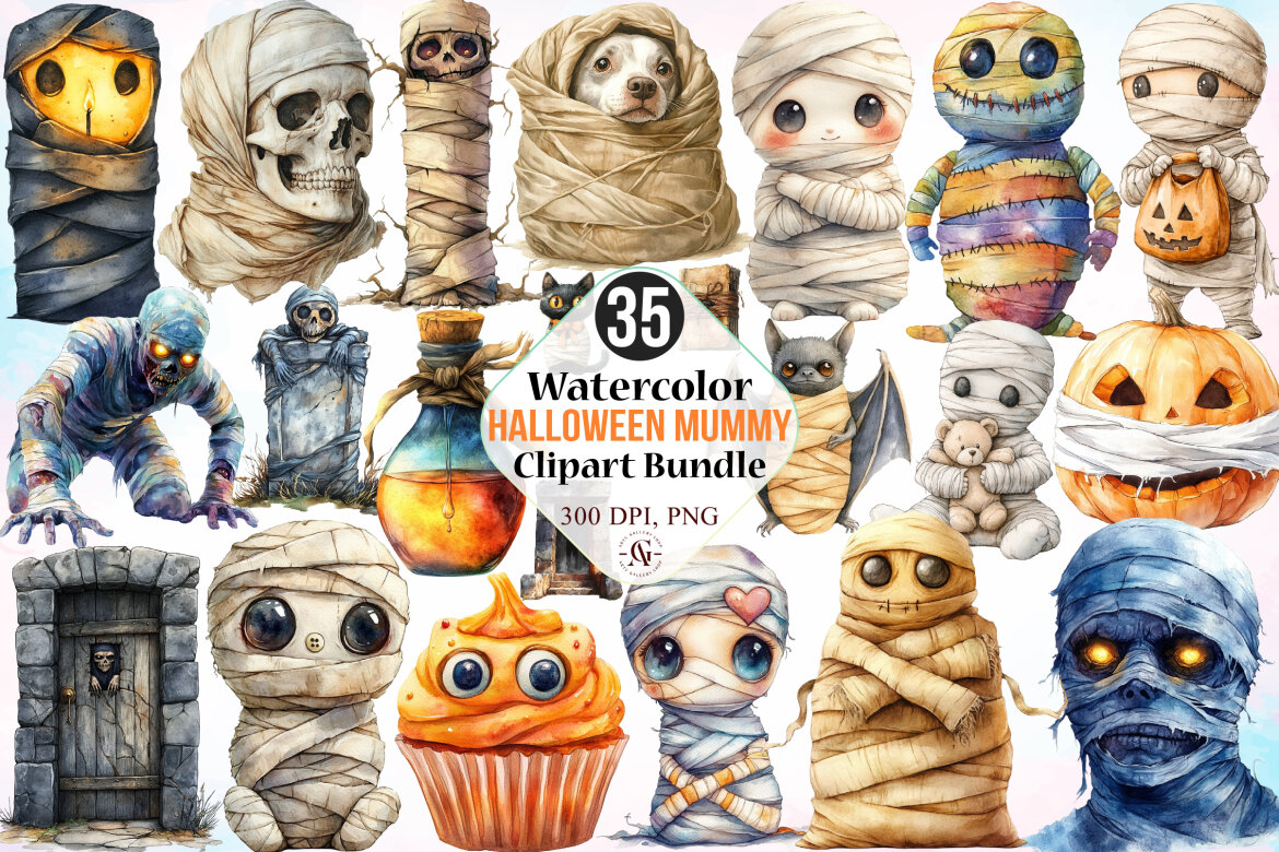 Watercolor Halloween Mummy Clipart | Deeezy