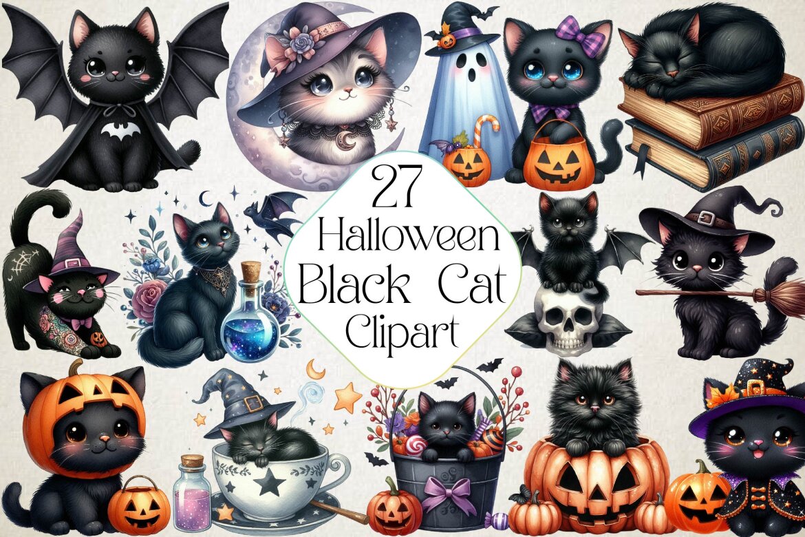 Halloween Whimsical Black Cat Clipart | Deeezy