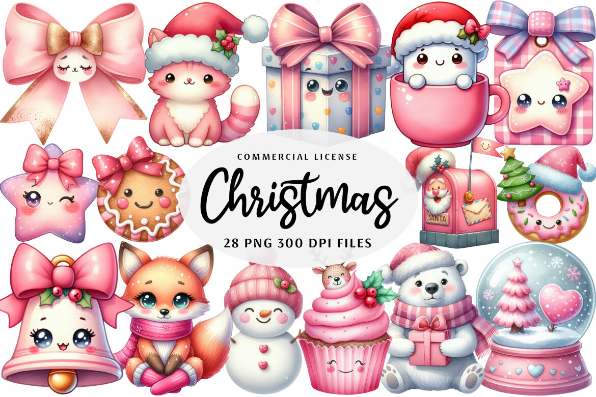 Kawaii Pink Christmas Clipart Bundle | Deeezy