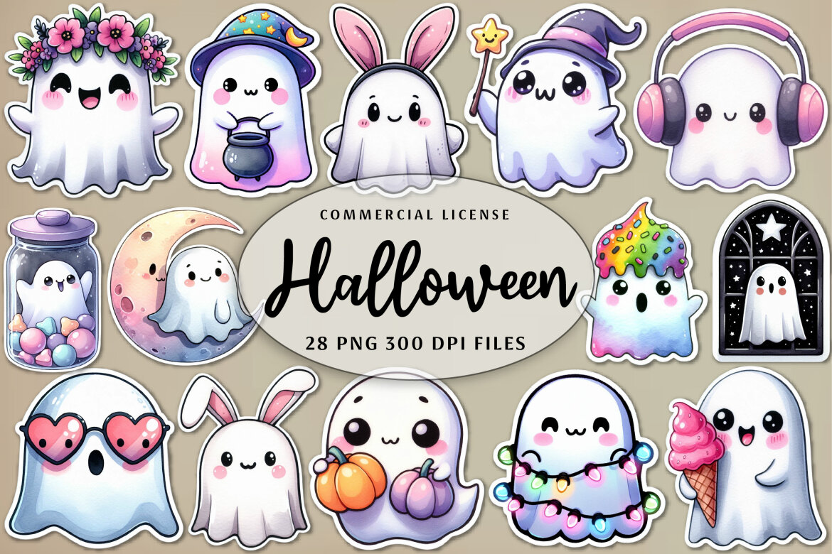 Kawaii Halloween Ghost Sticker Clipart | Deeezy