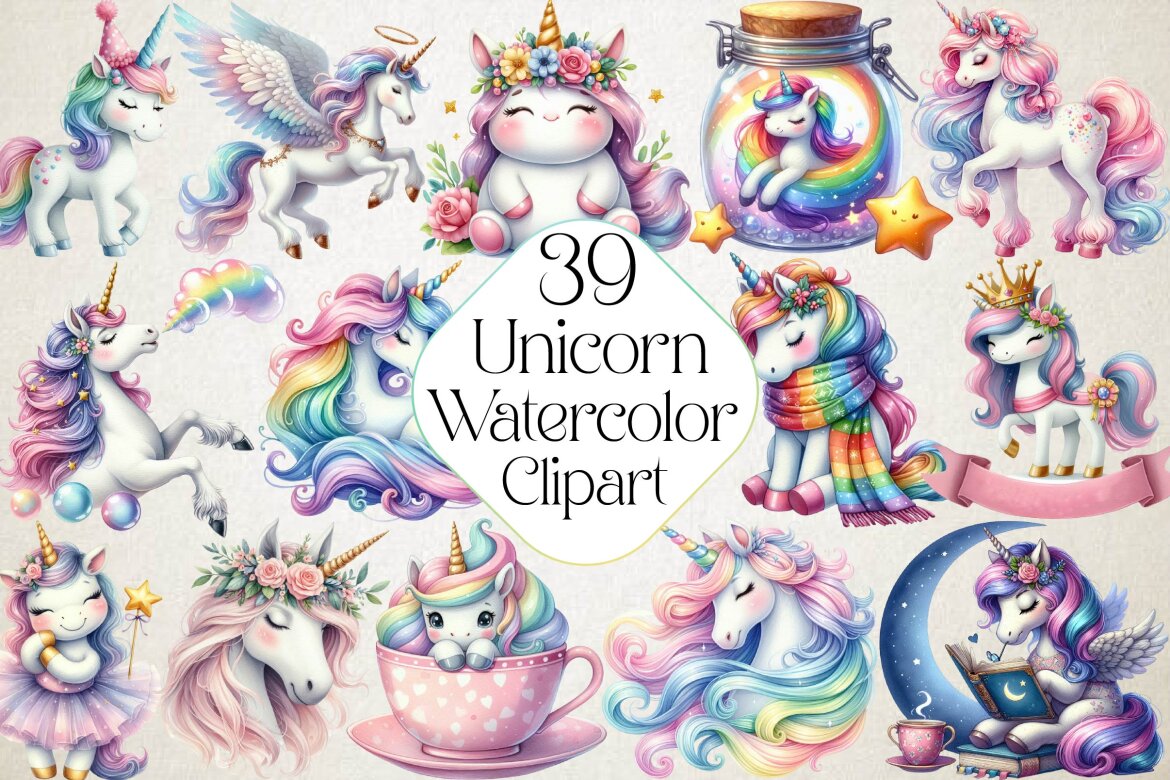 Unicorn Watercolor Clipart | Deeezy