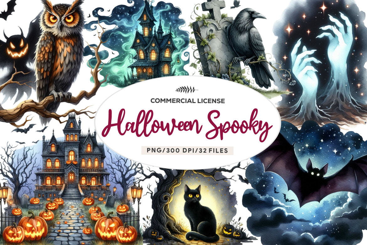 Watercolor Halloween Spooky Clipart | Deeezy