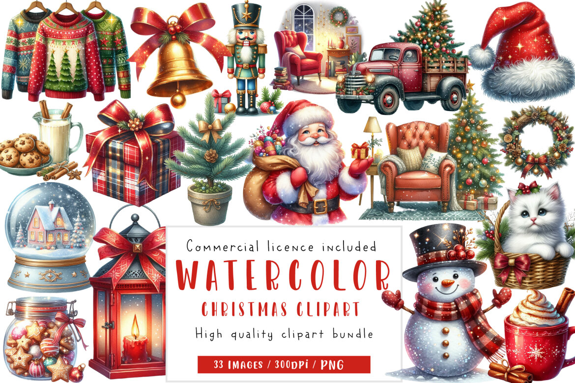 Watercolor Christmas Clipart | Deeezy