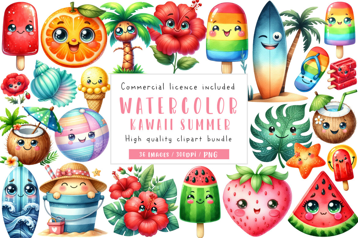 Kawaii Summer Beach Clipart Bundle | Deeezy
