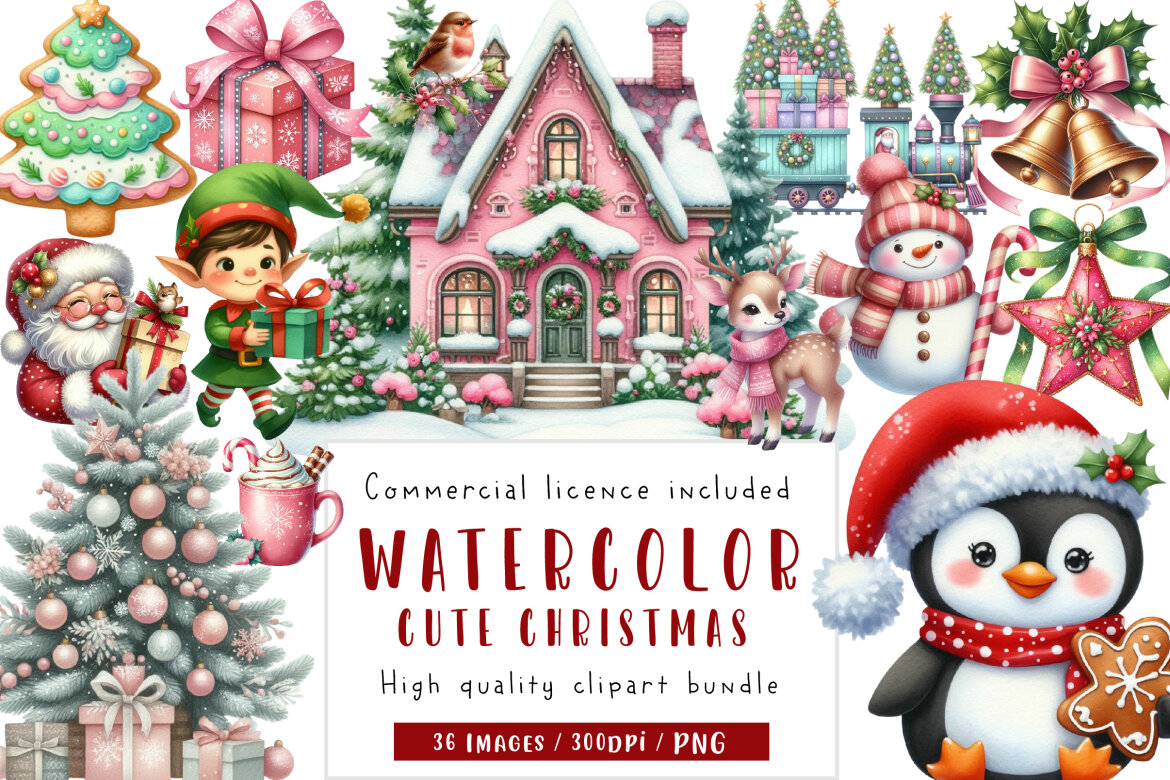 Pink Sweet Cute Christmas Clipart Bundle | Deeezy