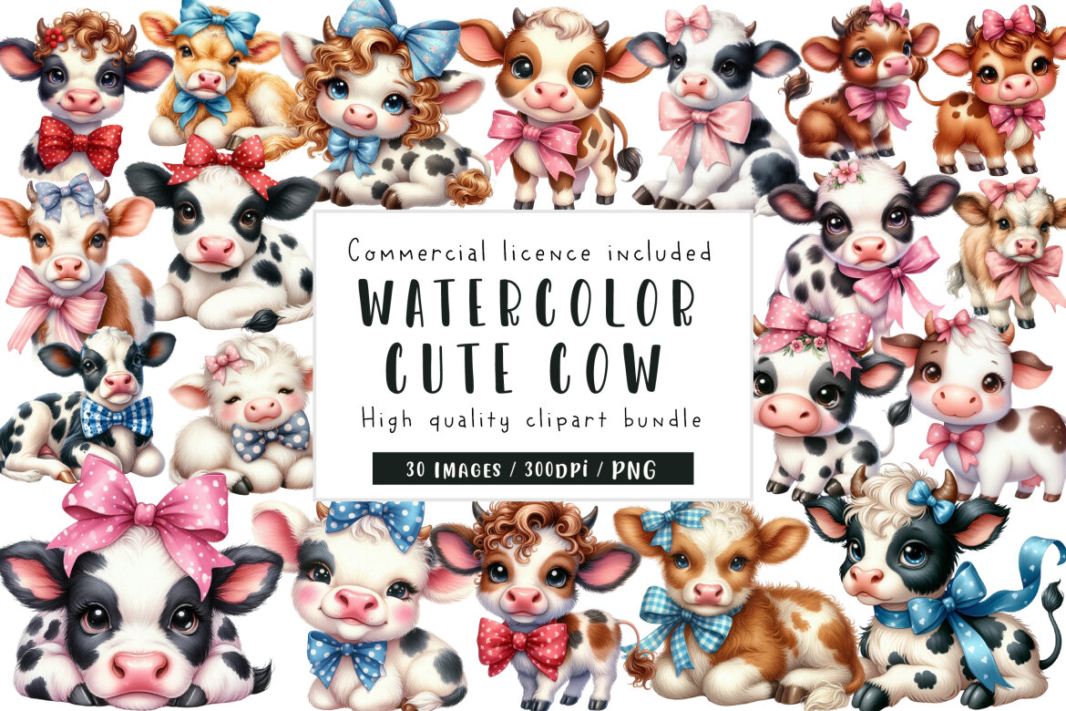 Cute Baby Cow Watercolor Clipart | Deeezy