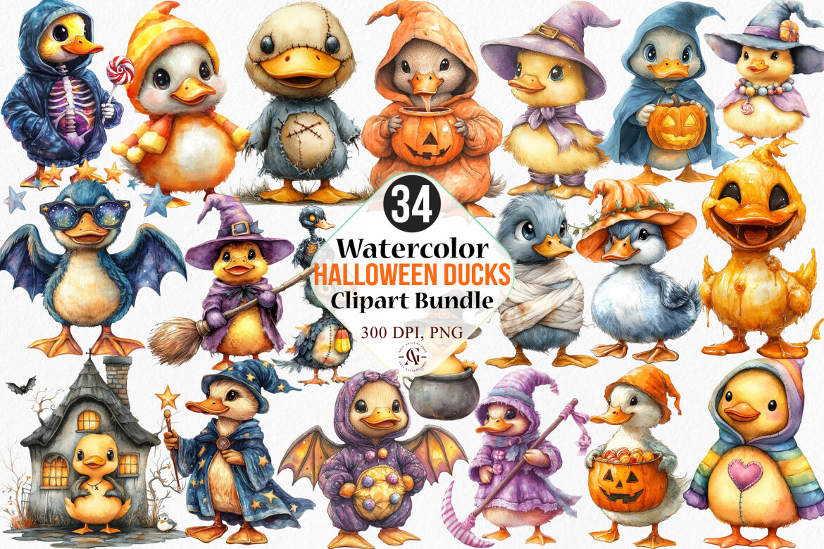 Watercolor Halloween Ducks Clipart | Deeezy