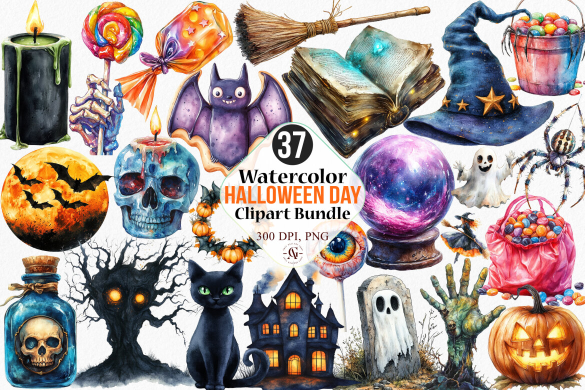 Watercolor Halloween Day Clipart Bundle | Deeezy