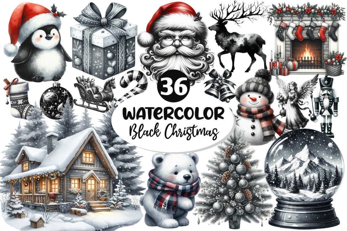Black and White Christmas Clipart | Deeezy